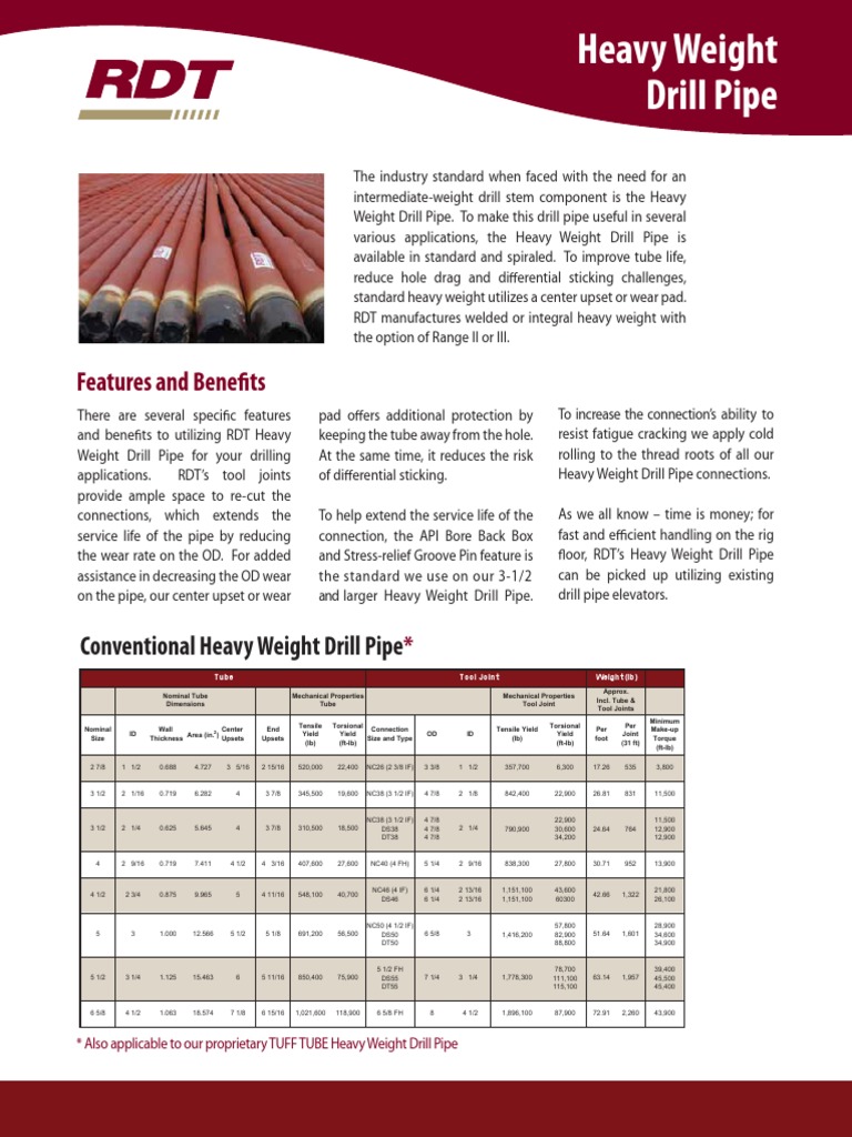 RDT Heavy Weight Drill Pipe PDF | PDF | Pipe (Fluid Conveyance ...