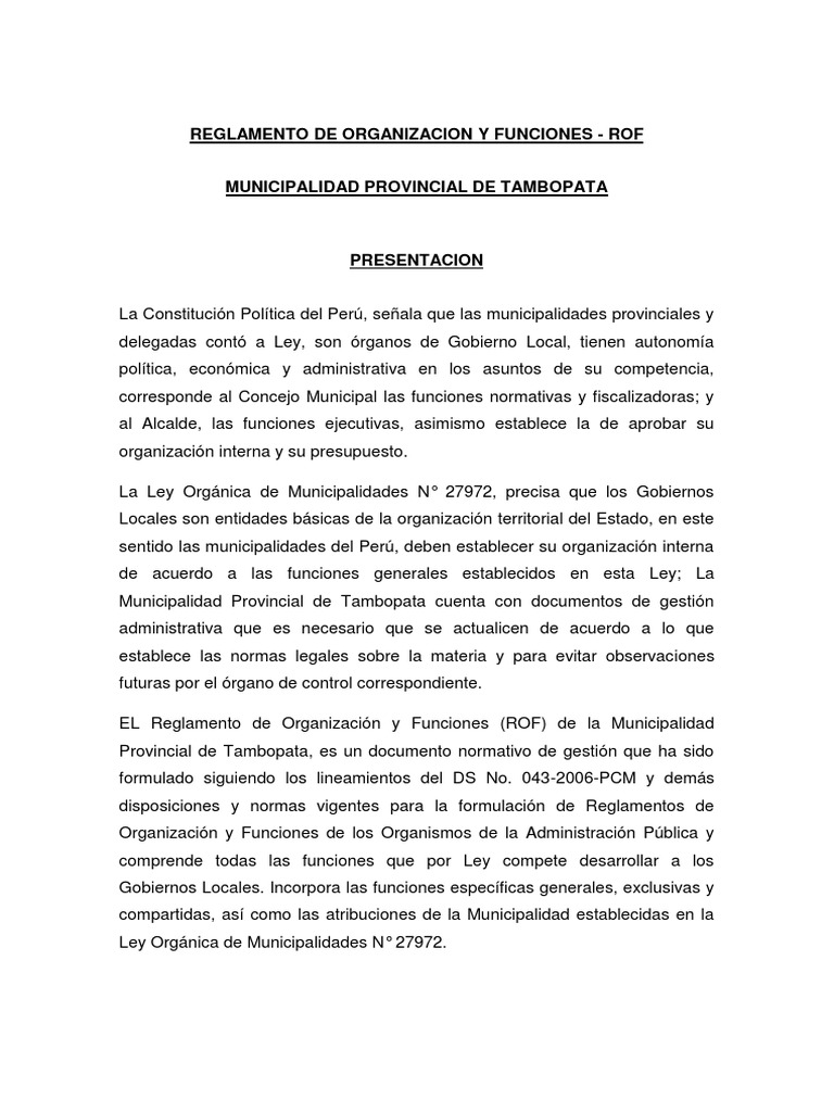 Reglamento de Organizacion y Funciones | PDF | Regulación | Gobierno local