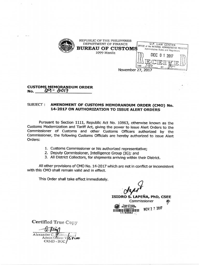 CMO 29-2017 Amendment of Customs Memorandum -Order 14 2017 on ...