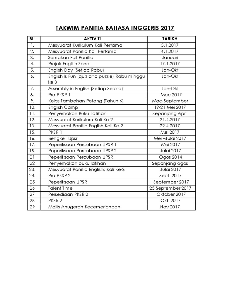 Takwim Panitia Bahasa Inggeris 2017 | PDF