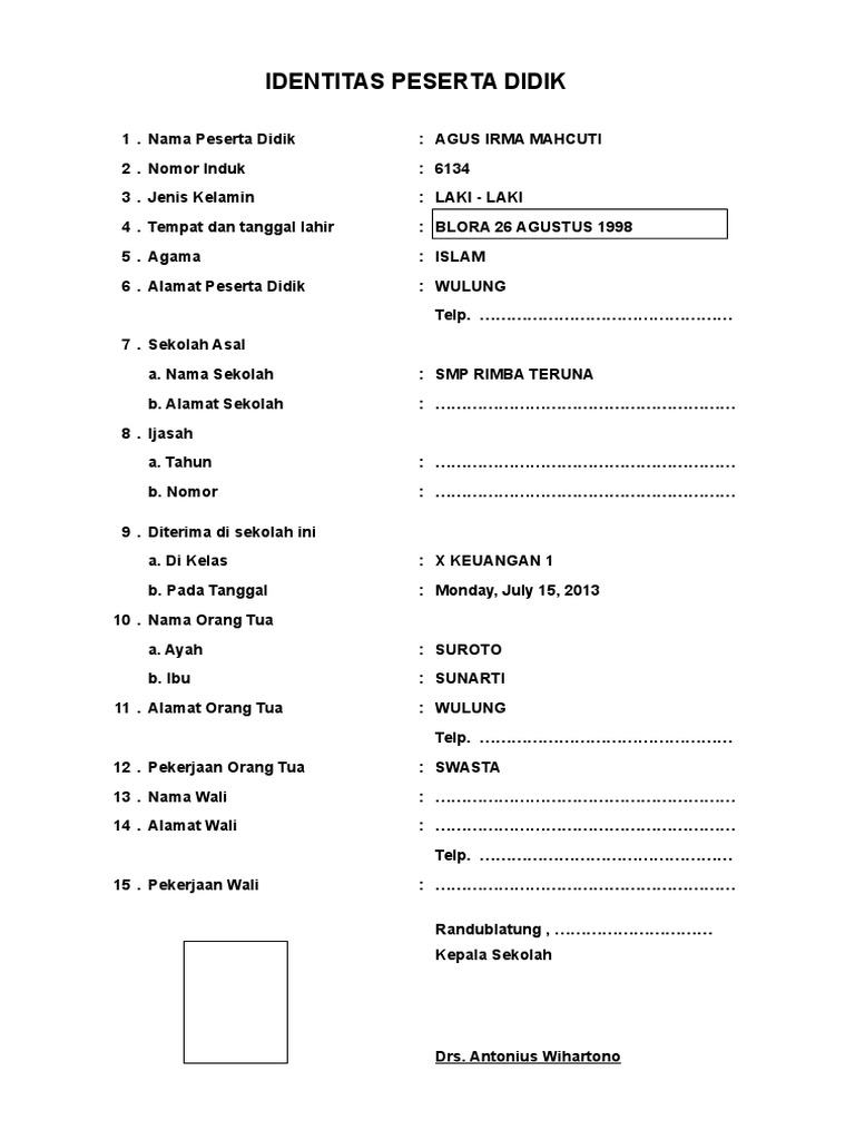 Identitas Rapor Kelas 1 | PDF