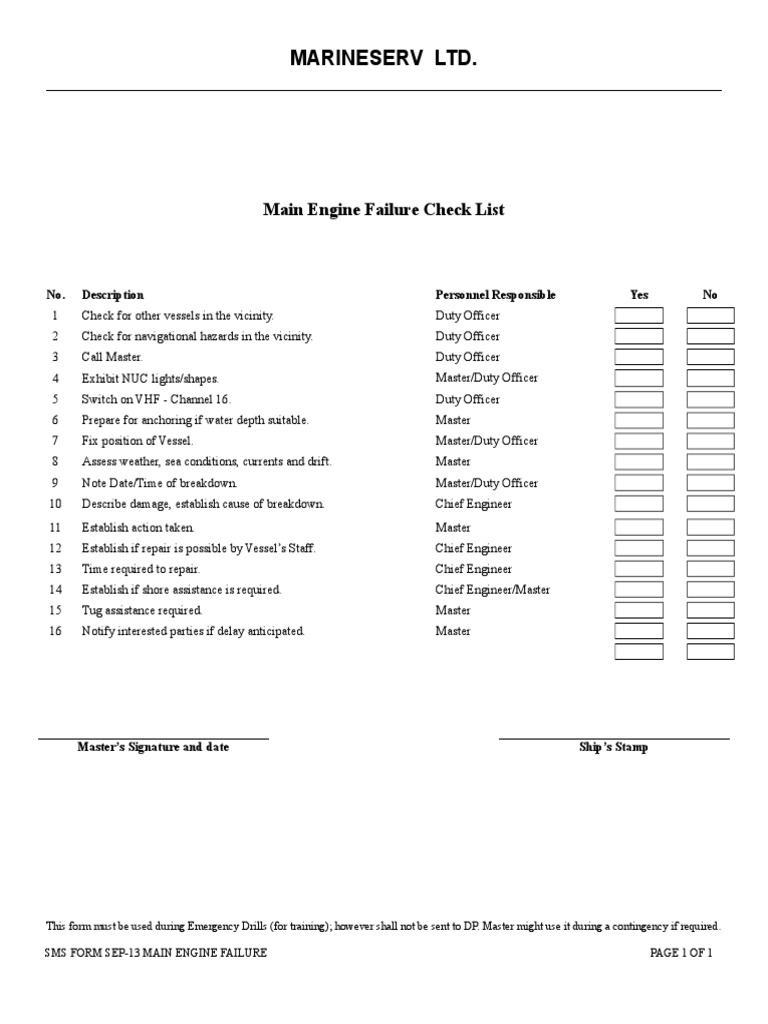 Marineserv LTD.: Main Engine Failure Check List | PDF