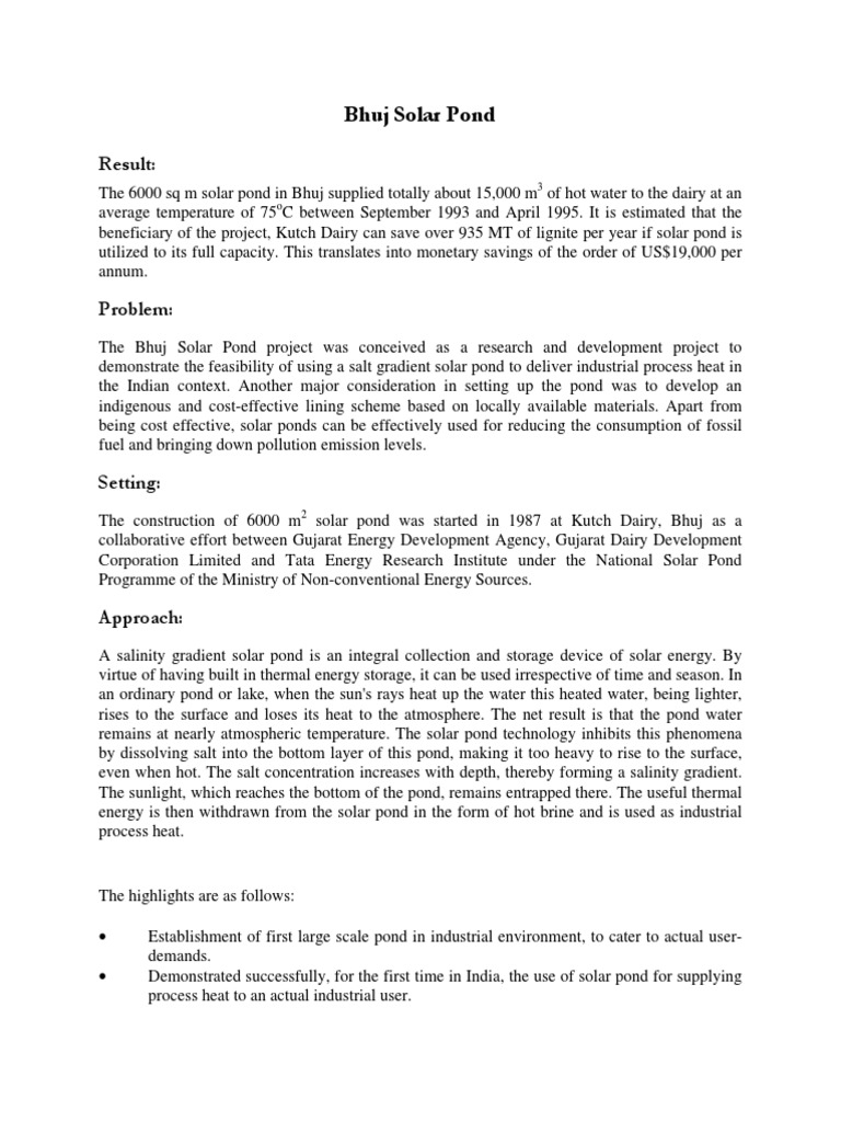 Bhuj Solar Pond | PDF | Solar Energy | Energy Development