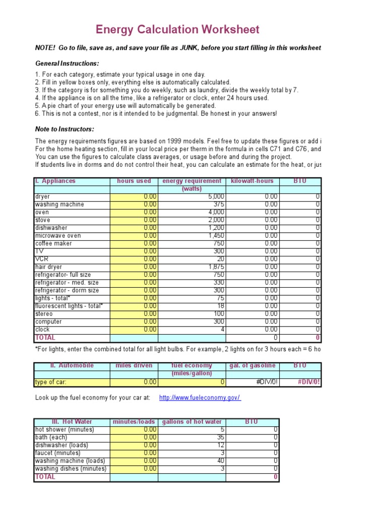 Energy Calculation Worksheet | PDF | Water Heating | Kilowatt Hour