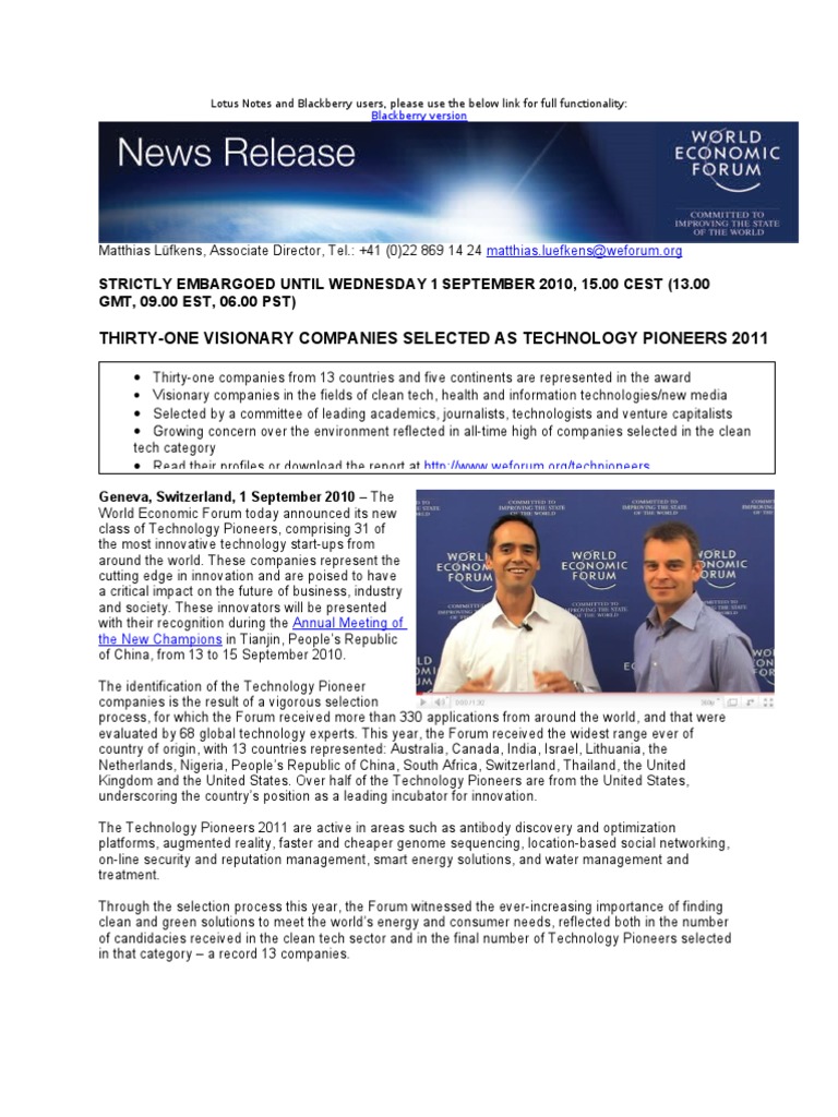 Technology Pioneers Press Release Final | PDF | World Economic Forum ...