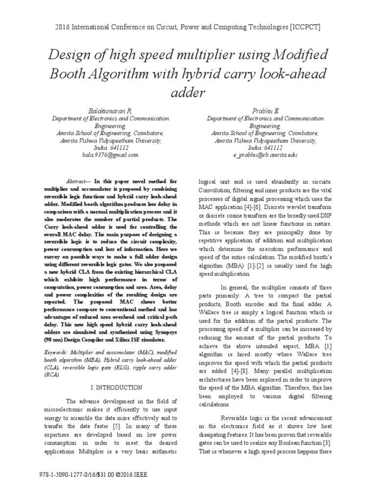 Design Of High Speed Multiplier Using Modified Booth Algorithm With Hybrid Carry Look Ahead 2150