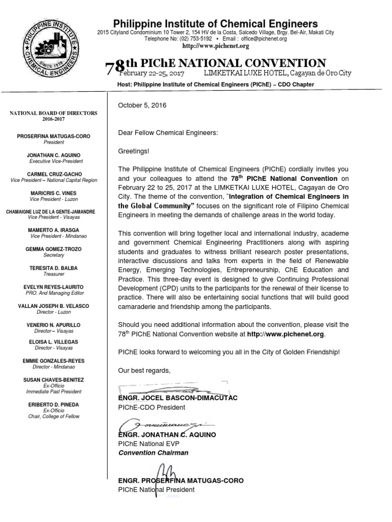78th PIChE National Convention Invitation Letter | Business