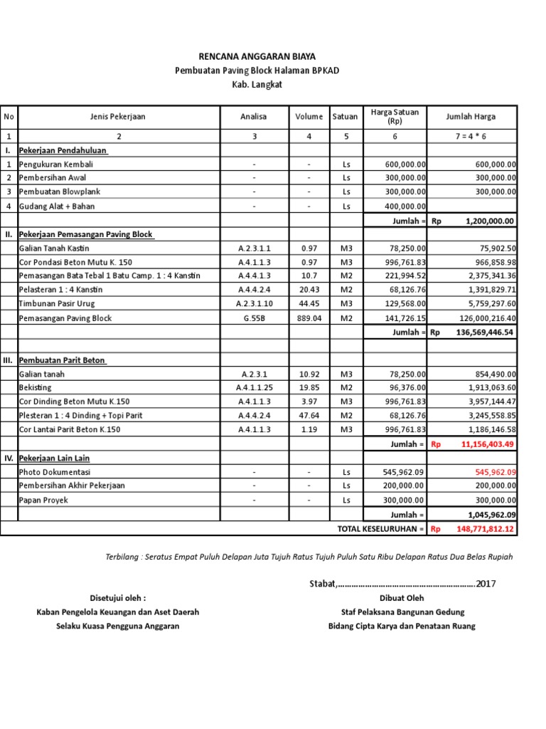 RAB Paving Block Halaman BPKAD Langkat | PDF