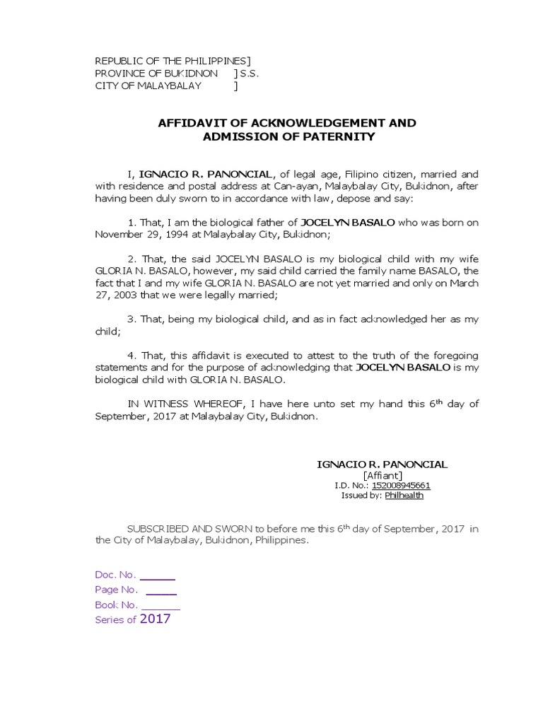 Affidavit of Paternity | PDF | Affidavit | Civil Law (Common Law)