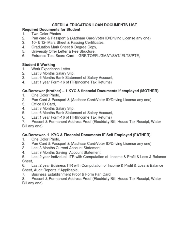Credila Education Loan Documents List Required Documents For Student | PDF