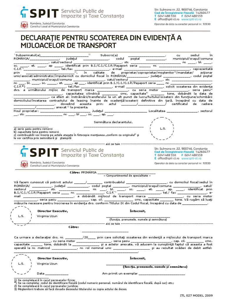 ITL - 027 - DeCLARATIE Pentru Scoaterea Din Evidenta A Mijloacelor de Transport - PF-PJ | PDF
