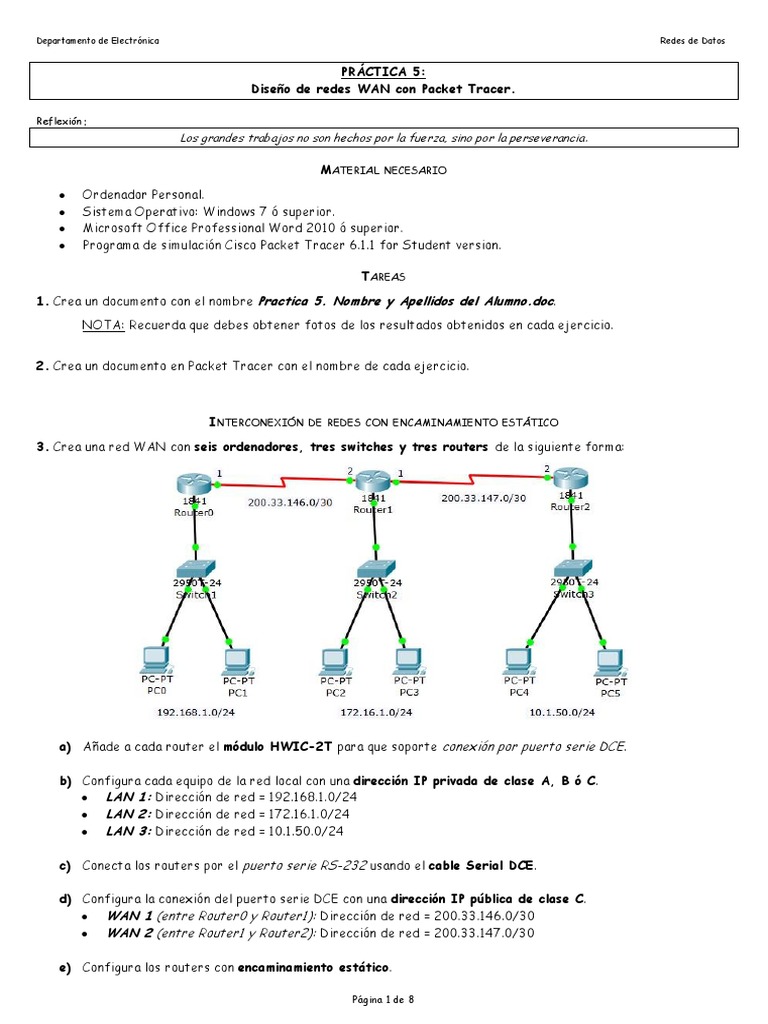 Práctica 5. Diseño de Redes WAN Con Packet Tracer | PDF | Dirección IP | Enrutador (Computación)