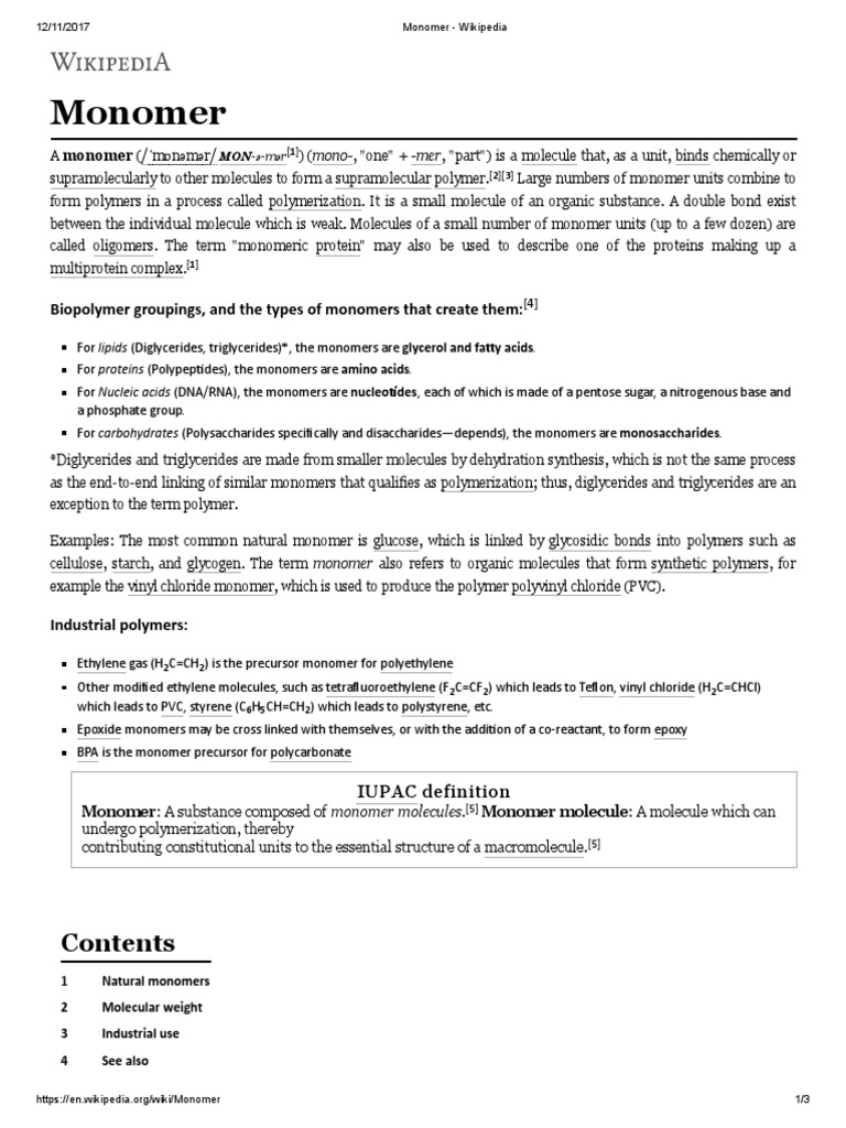 Monomer - Wikipedia | PDF | Monomer | Molecules
