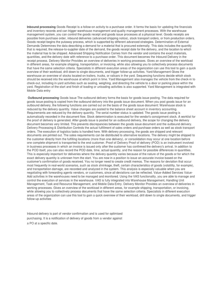Inbound Delivery Sap | PDF | Delivery (Commerce) | Business Process