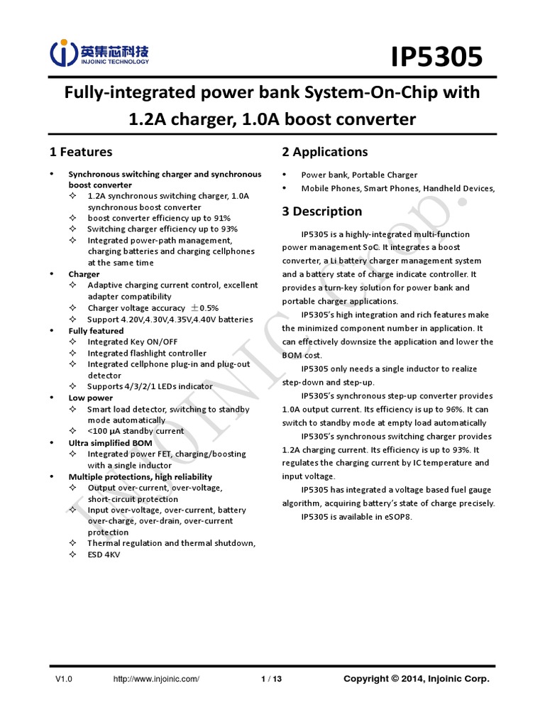 IP5305 Datasheet v1.0_en | Battery Charger | Battery (Electricity)