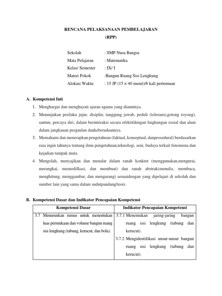 RPP Bangun Ruang Sisi Lengkung | PDF