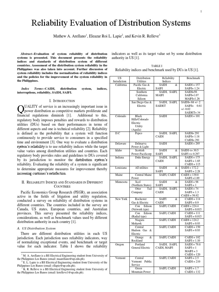 Reliability Evaluation Of Distribution Systems Arellano Lapie Relleve Pdf Reliability