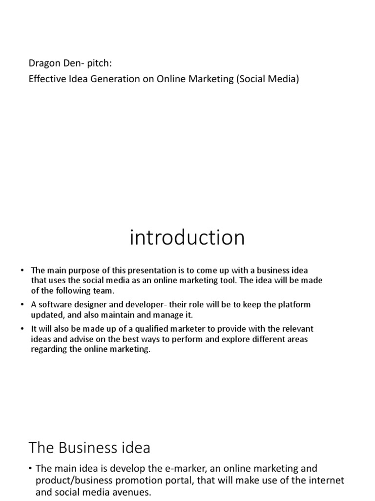 Dragon Den Pitch - Effective Idea Genretaion | PDF | Digital Marketing ...
