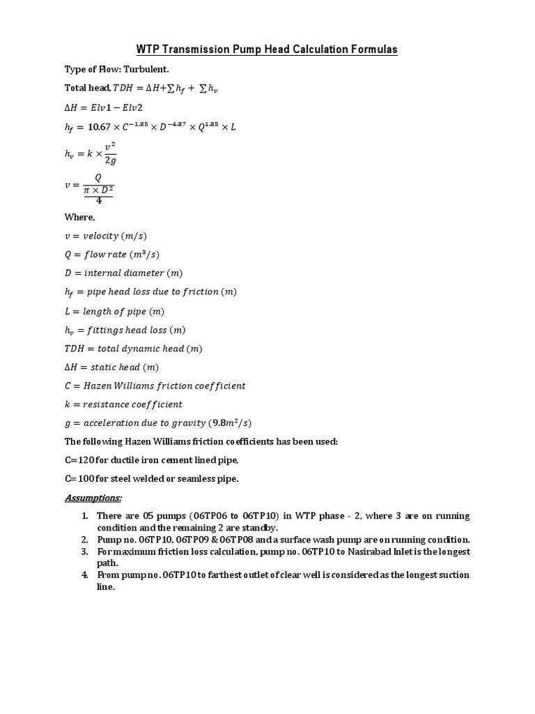 WTP Pump Head Calculation Formulas | PDF