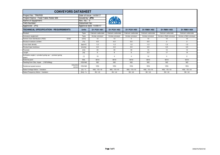Conveyors Datasheet: Technical Specification / Requirements | Download Free PDF | Electrical ...