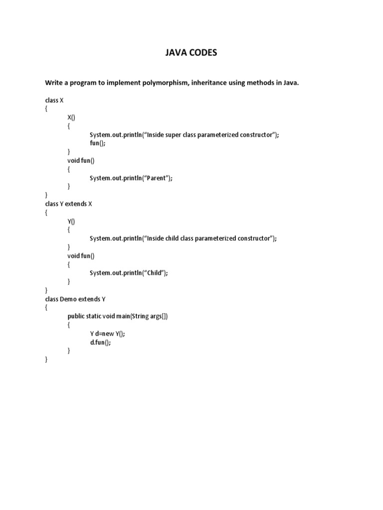 Java Codes: Write A Program To Implement Polymorphism, Inheritance ...