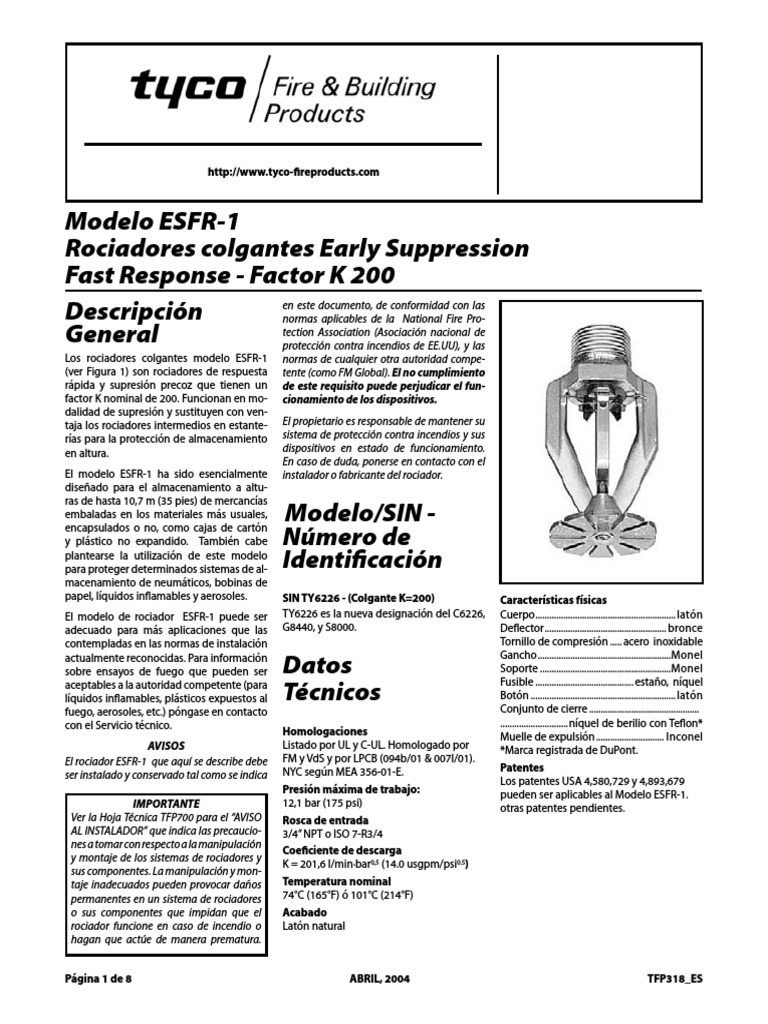 Rociador ESFR K14 | PDF | Protección contra incendios | Protección activa contra incendios