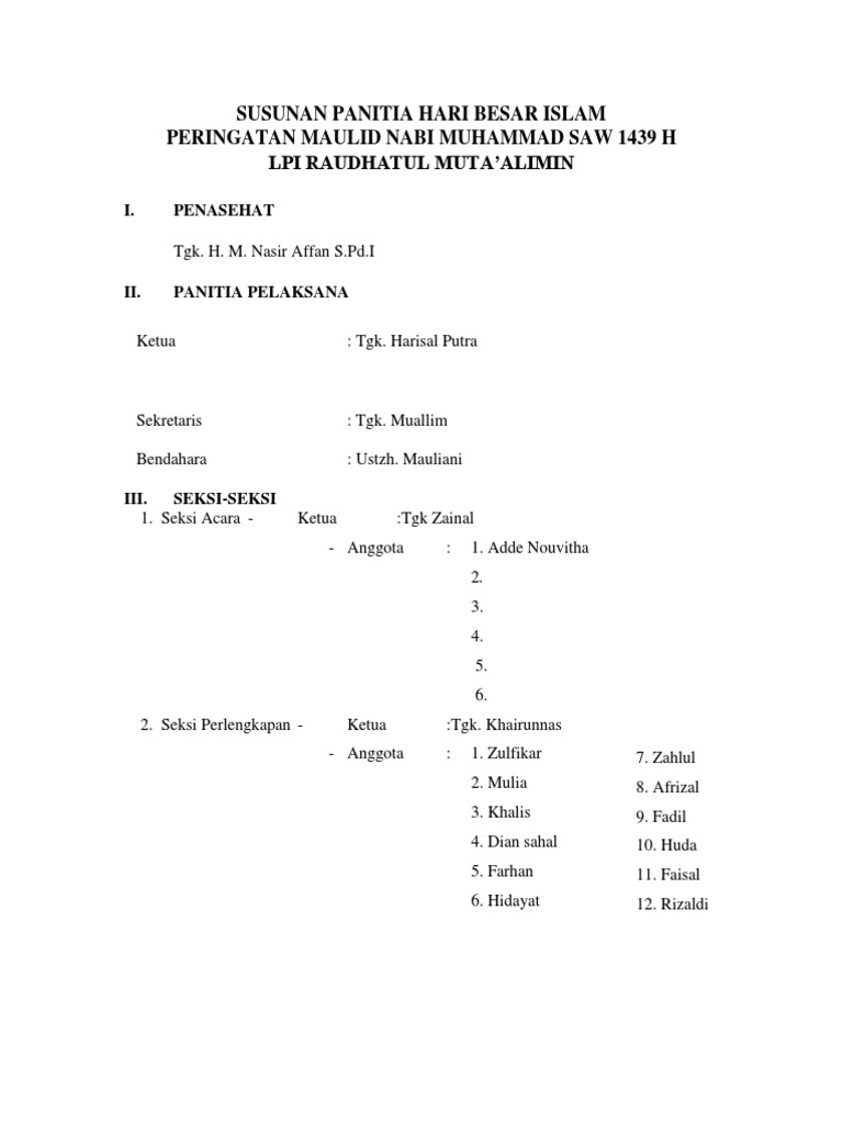 Susunan Panitia Hari Besar Islam | PDF