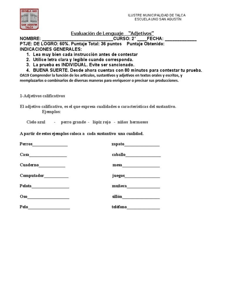 Prueba de Los Adjetivos | PDF | Adjetivo | Idiomas