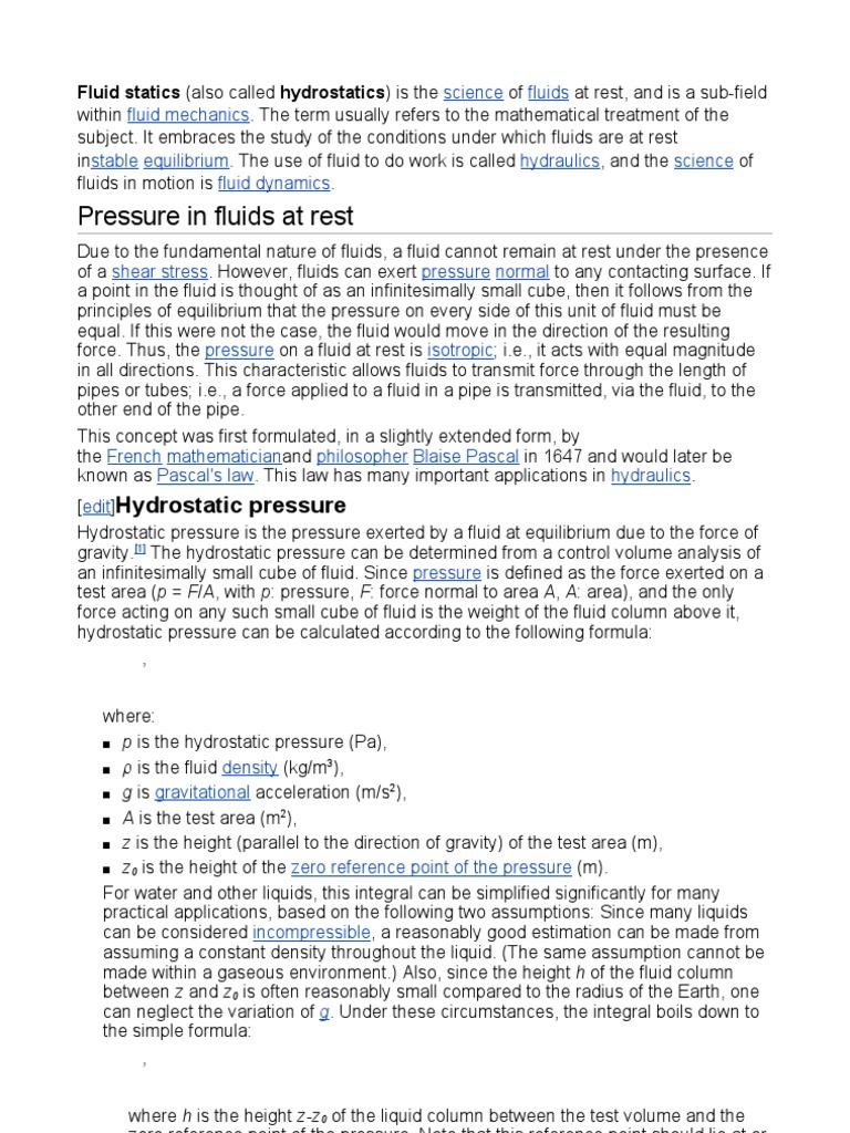 Pressure in Fluids at Rest | PDF | Buoyancy | Fluid Mechanics