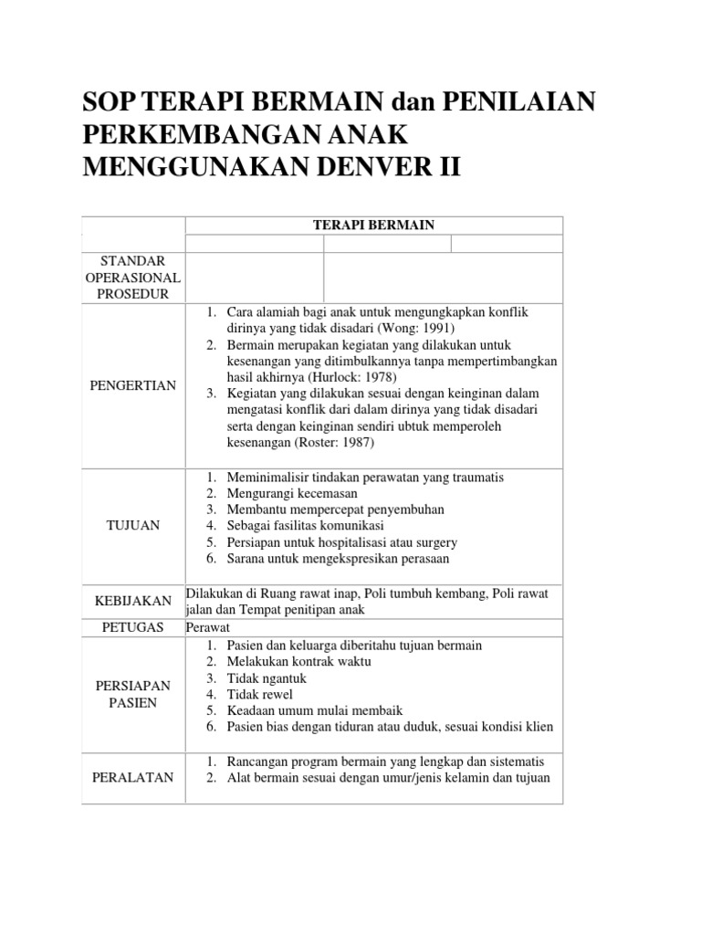 Sop Terapi Bermain Dan Penilaian Perkembangan Anak Menggunakan Denver II | PDF