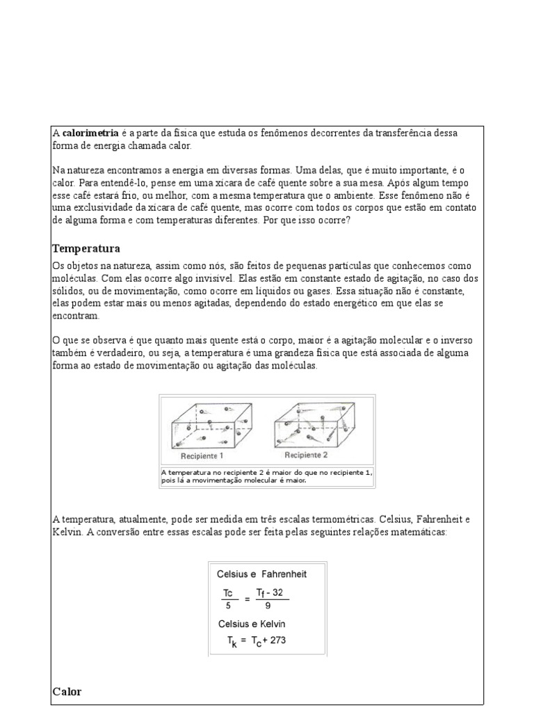 Resumo de Calorimetria | PDF | Calor | Capacidade térmica
