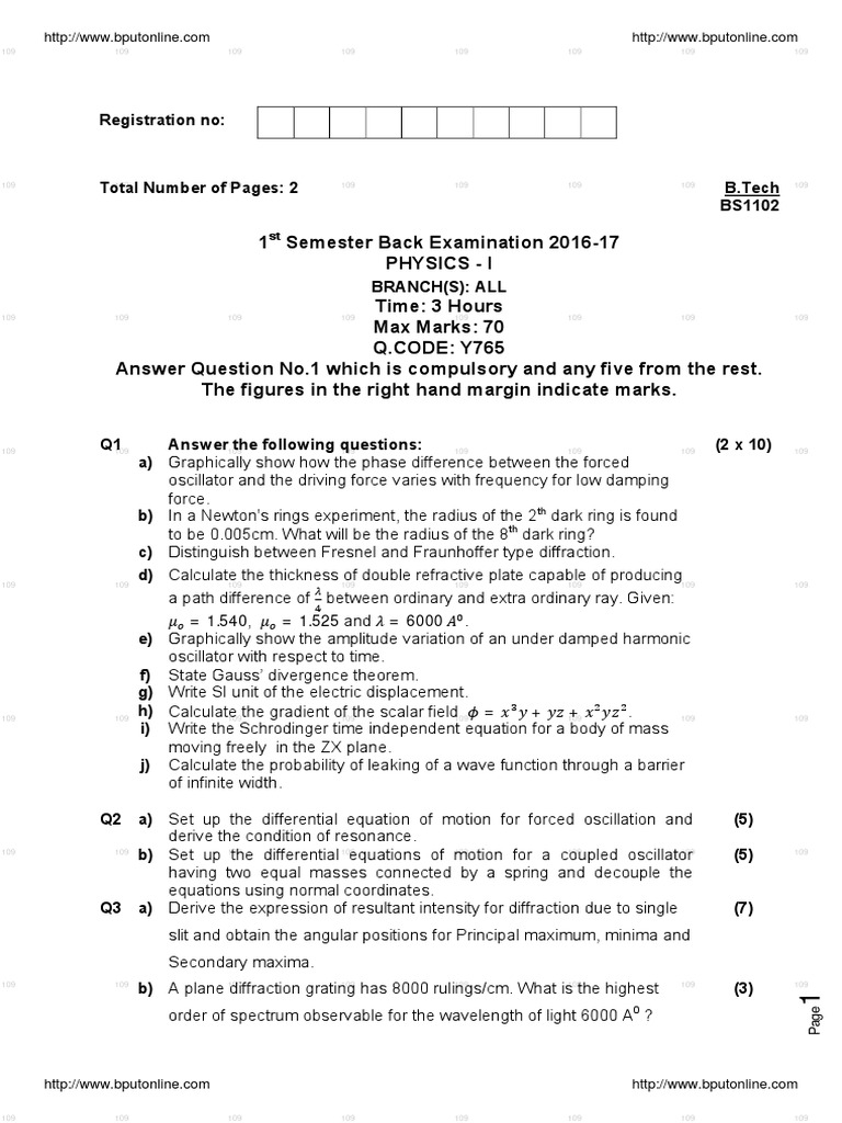 Btech 1st Year Bs1102 Physics 1 2017 | PDF | Diffraction | Waves Btech 1st Year Bs1102 Physics 1 2017 | PDF | Diffraction | Waves