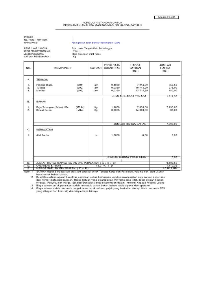 Analisa Harga Baja Tulangan U24 Polos | PDF