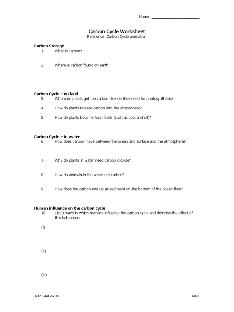 Carbon Cycle Student Worksheet | PDF | Carbon Cycle | Carbon Dioxide In ...