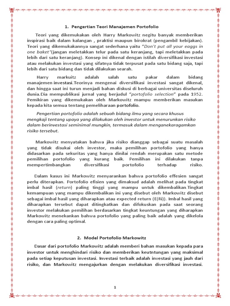 Makalah Teori Portofolio Markowitz | PDF