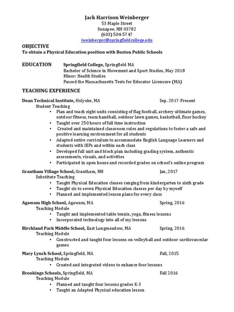 Jack Weinberger 18 Resume | PDF | Physical Education | Massachusetts