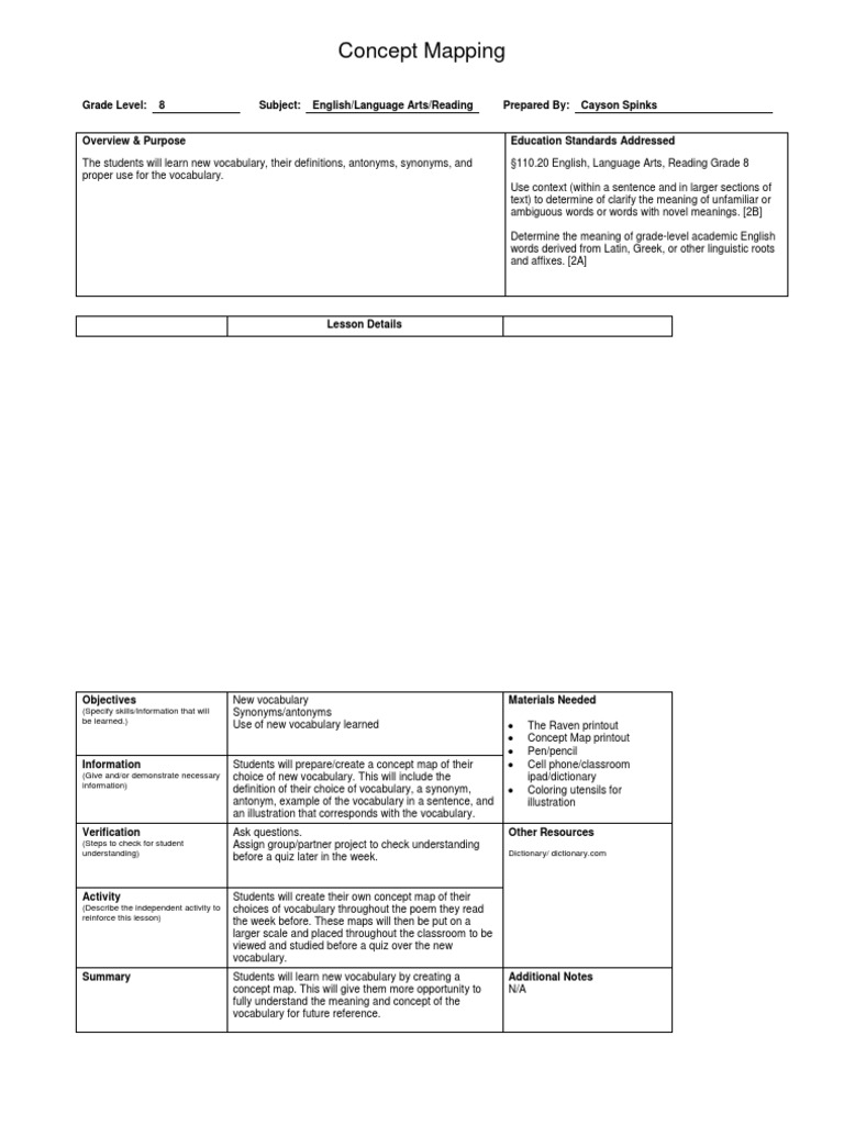 Concept Map Lesson Plan | PDF | Vocabulary | English Language