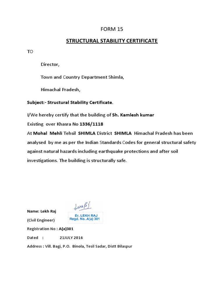 Structural Stability Certificate: Form 15 | PDF