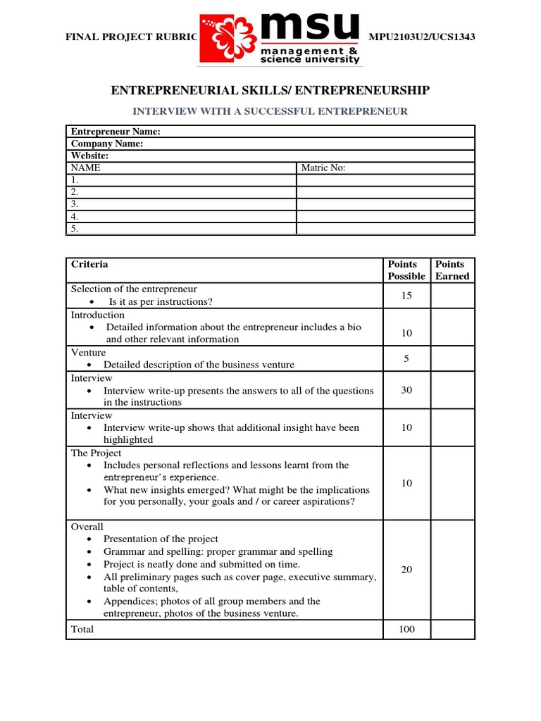 Assessing an Entrepreneur: A Rubric for Evaluating an Interview with a ...