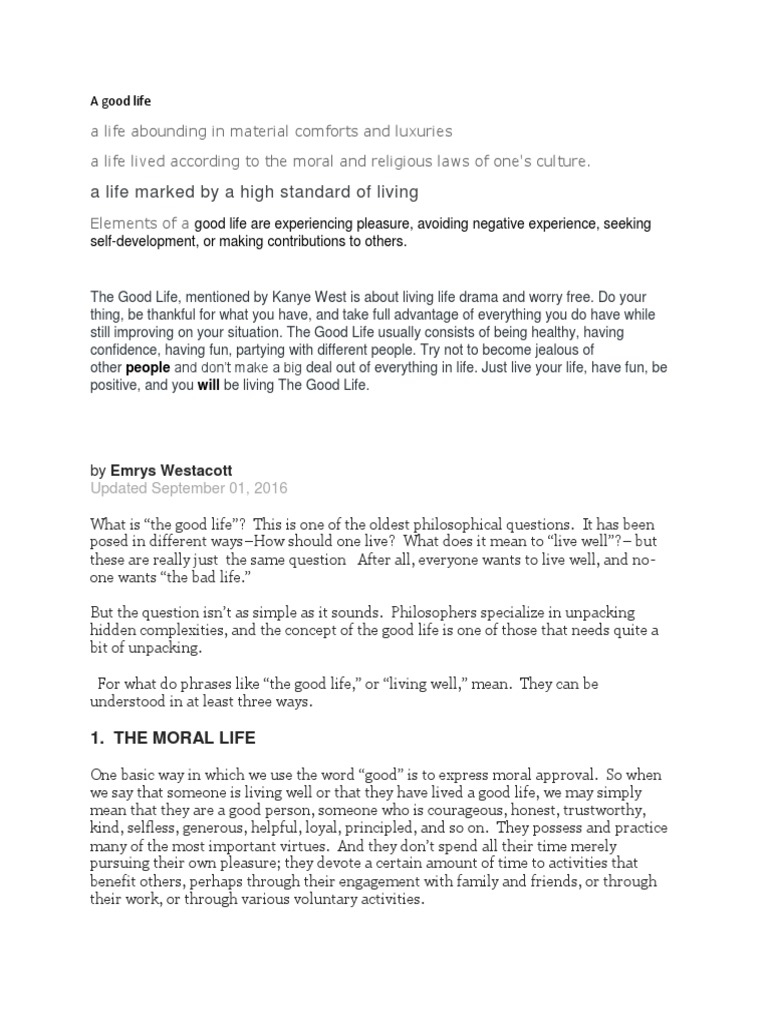A Good Life-Sts Assign 2017 | PDF | Hedonism | Happiness