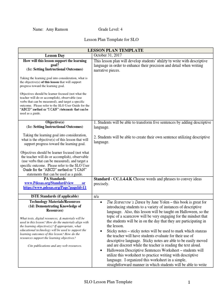 4th Grade SLO Lesson Plan Template | PDF | Individualized Education ...