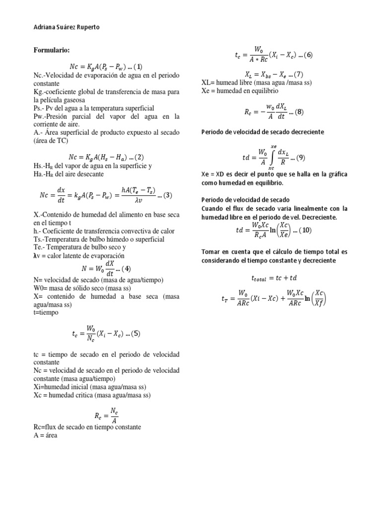 Formulario de Procesos de Alimentos (Secado) | PDF | Humedad | Evaporación