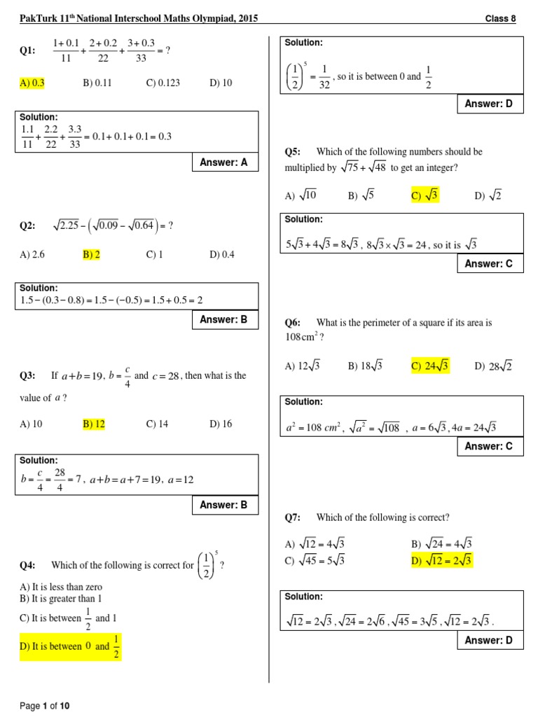 11th National ISMO Class 8 Question Paper With Solutions | PDF | Circle ...