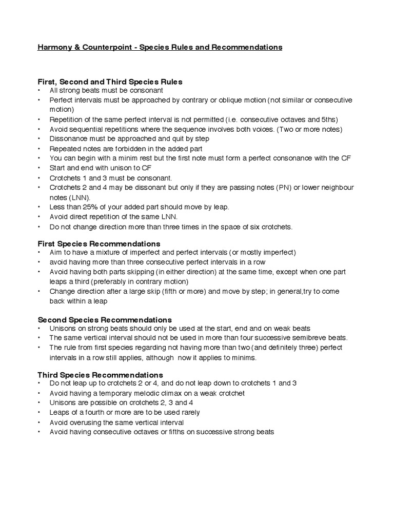 Harmony and Counterpoint Rules and Recommendations | PDF | Interval ...
