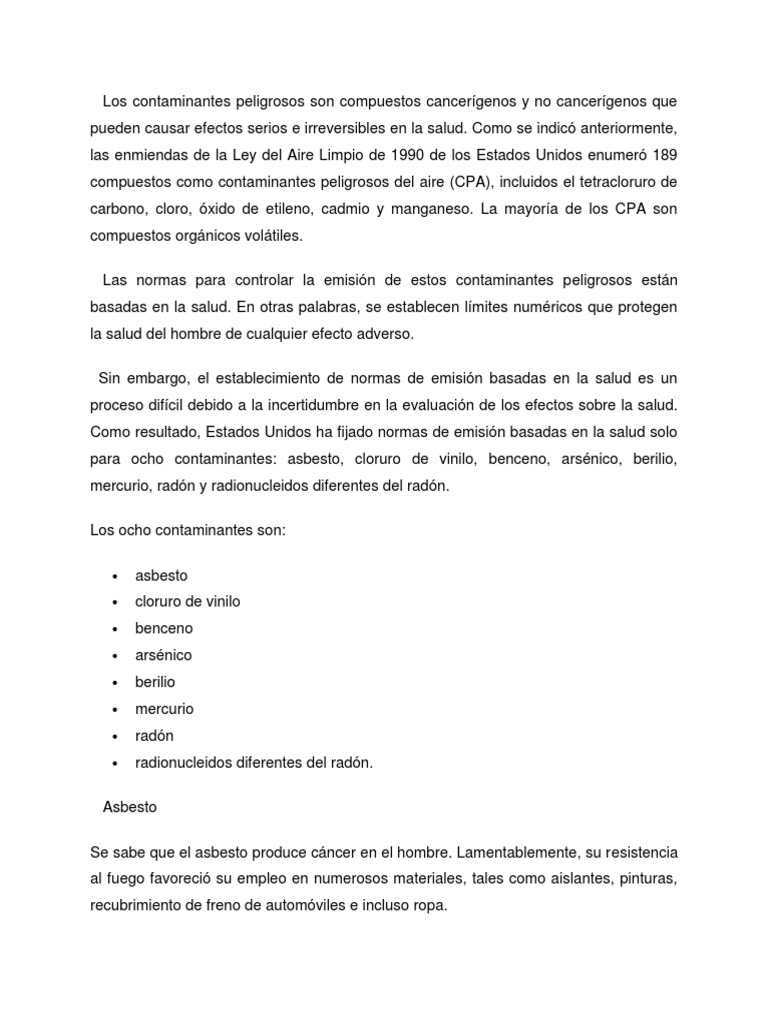 Contaminantes Peligrosos Del Aire Cpa Pdf Contaminación Cloro
