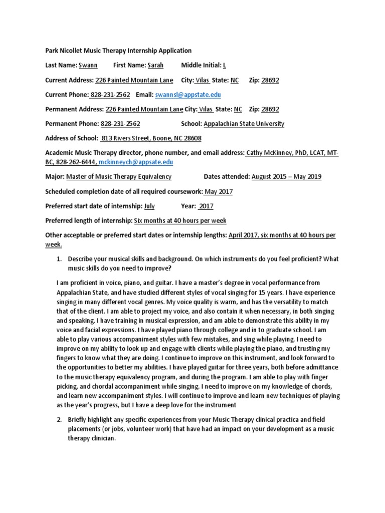 Park Nicollet Music Therapy Internship Application | PDF | Singing ...