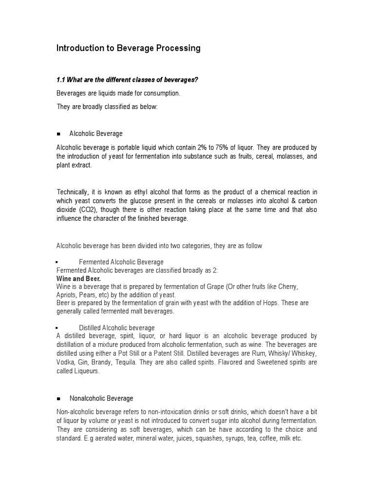 Introduction To Beverage Processing - NOTES | PDF | Drink | Alcoholic ...