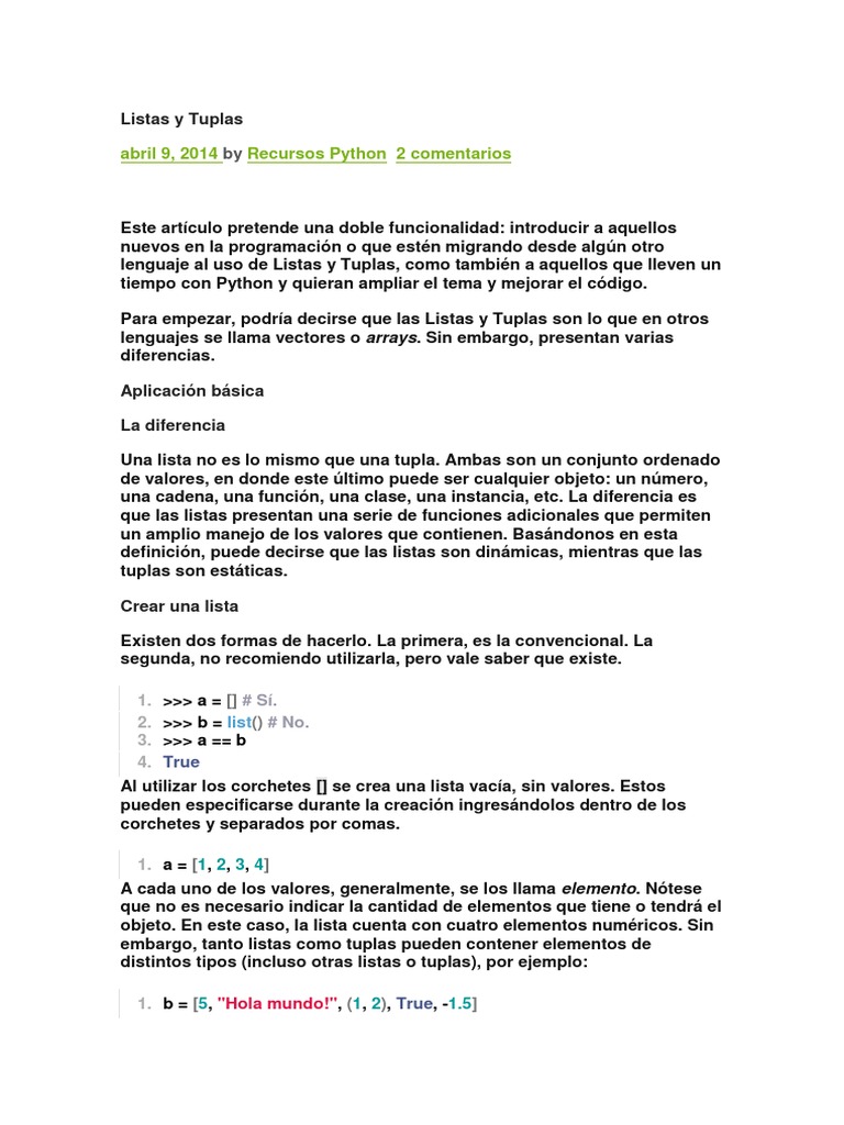 Listas y Tuplas | Descargar gratis PDF | Estructura de datos de matriz | Python (lenguaje de ...