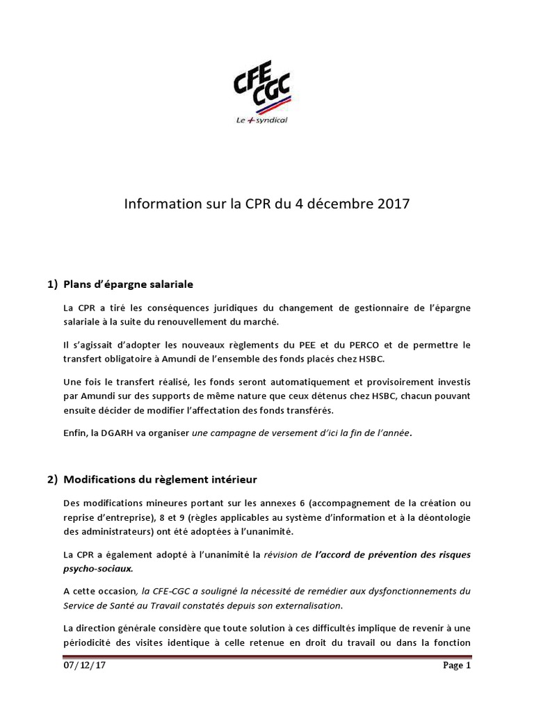 Information sur la CPR du 4 décembre 2017: 1) Plans d’épargne salariale ...