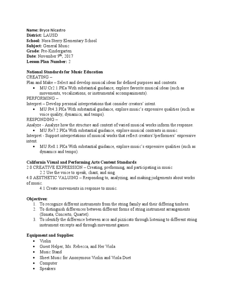 Lesson Plan 11-9-17 3 | PDF | String Instruments | Violin